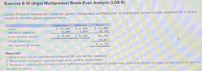 Solved Exercise 6-10 (Algo) Multiproduct Break-Even Analysis | Chegg.com