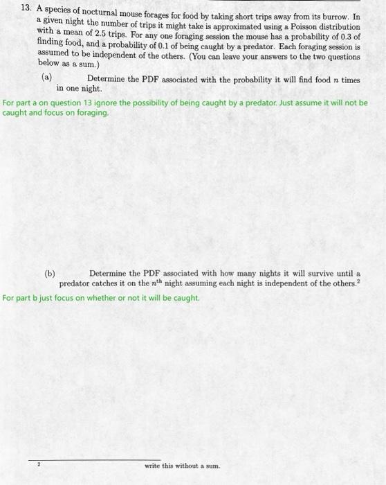 Solved 13. A species of nocturnal mouse forages for food by | Chegg.com