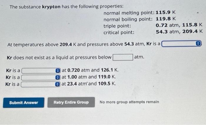 Solved The substance krypton has the following properties: | Chegg.com