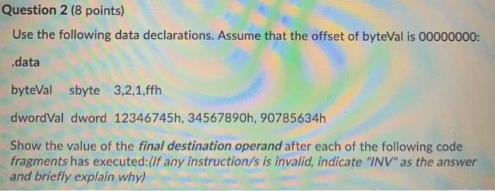 Solved Question 2 (8 points) Use the following data | Chegg.com