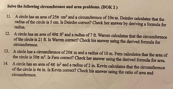 Solved Solve the following circumference and area problems. | Chegg.com