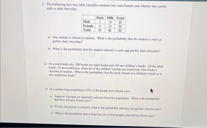 Solved 1) The following two-way table classifies students | Chegg.com