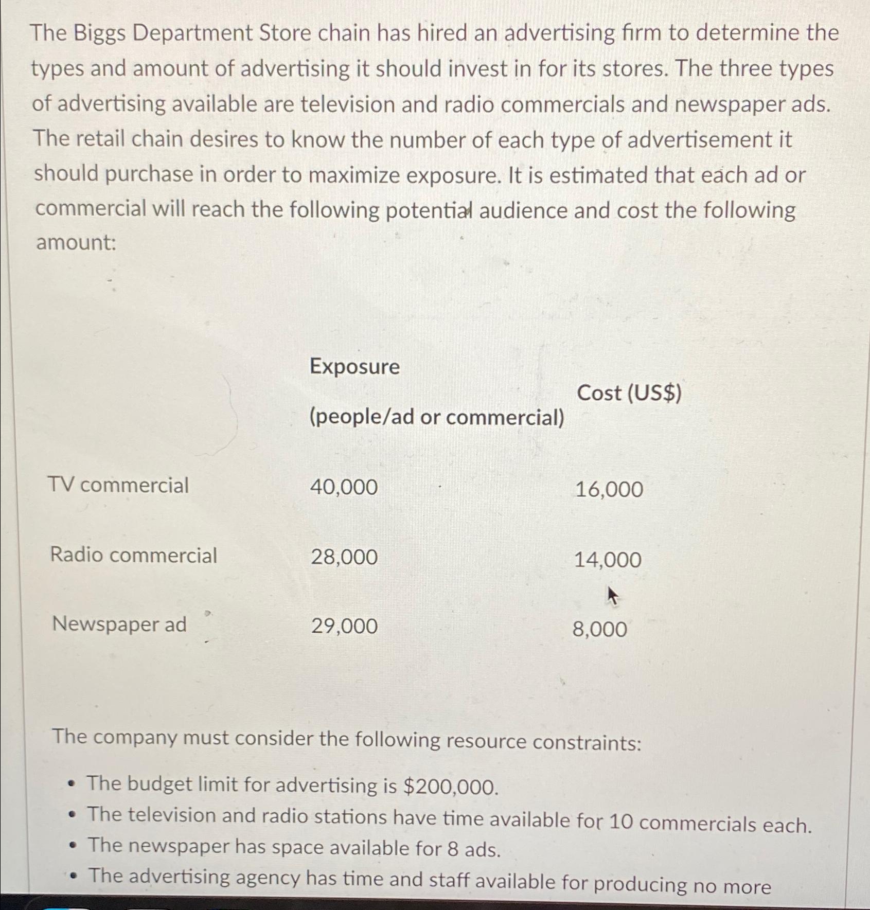 Solved The Biggs Department Store chain has hired an | Chegg.com