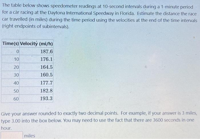 Solved The table below shows speedometer readings at 10 | Chegg.com