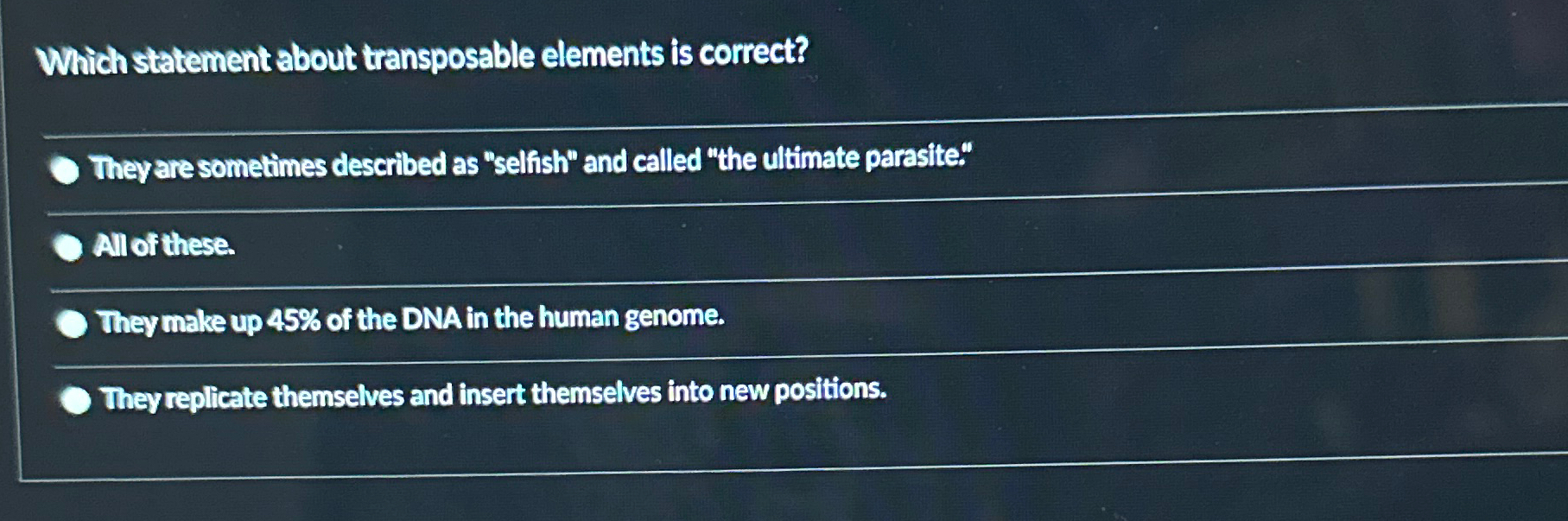 Solved Which statement about transposable elements is | Chegg.com