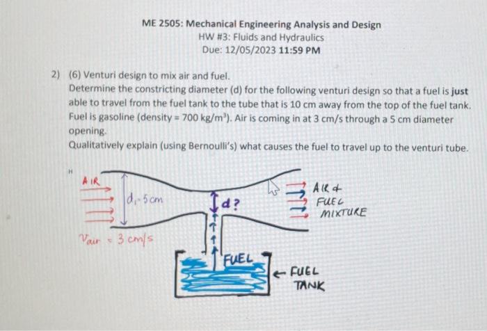 Solved 2) (6) Venturi design to mix air and fuel. Determine | Chegg.com