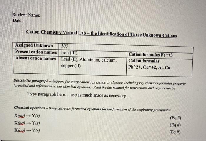 Solved Student Name: Date: Cation Chemistry Virtual Lab - | Chegg.com