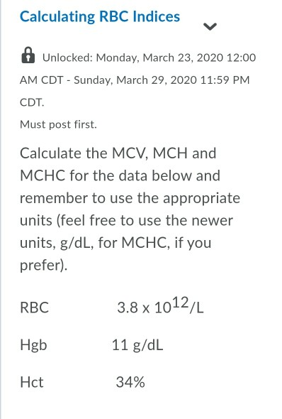 Solved Calculating RBC Indices Unlocked: Monday, March 23, | Chegg.com