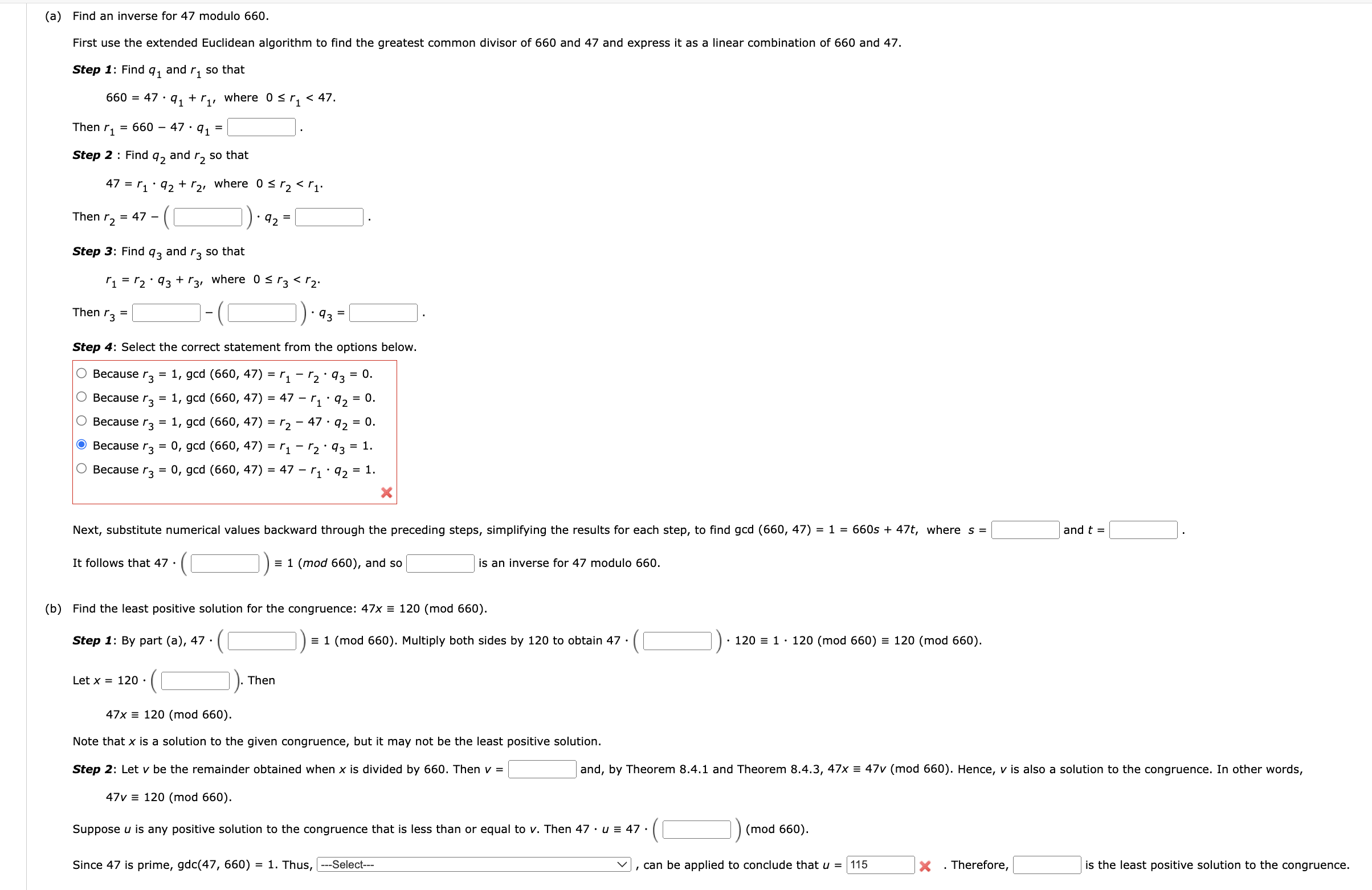 Solved (a) ﻿Find an inverse for 47 ﻿modulo 660 .First use | Chegg.com