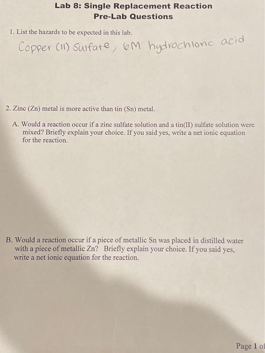 Solved Lab 8: Single Replacement Reaction Pre-Lab Questions | Chegg.com