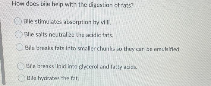 Solved How does bile help with the digestion of fats? Bile | Chegg.com