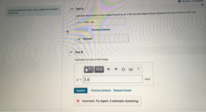 Solved A Review Constants Part A A convex spherical mirror | Chegg.com