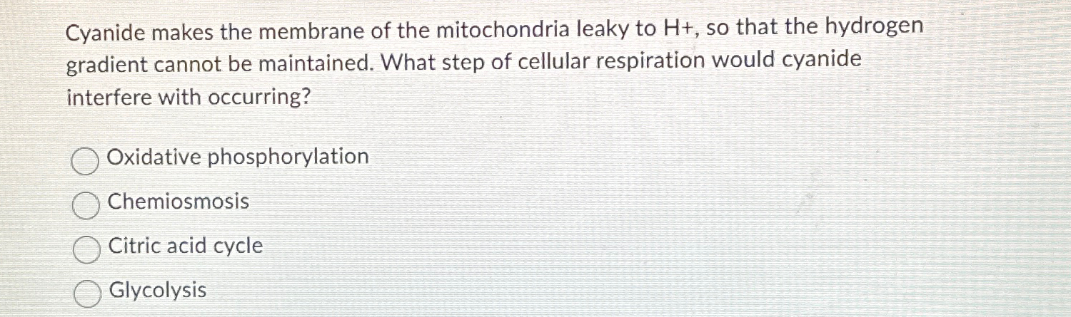 Solved Cyanide makes the membrane of the mitochondria leaky | Chegg.com