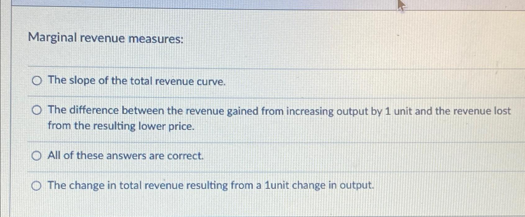 Solved Marginal revenue measures:The slope of the total | Chegg.com