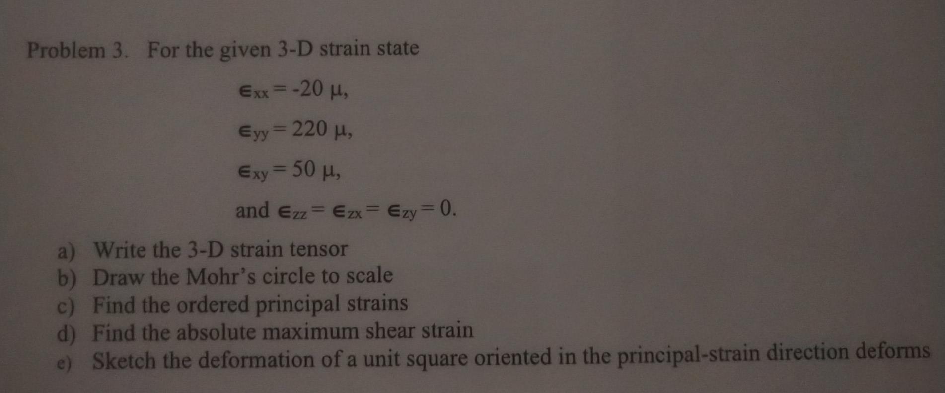 Solved Problem 3. For the given 3-D strain state Exx = -20 | Chegg.com