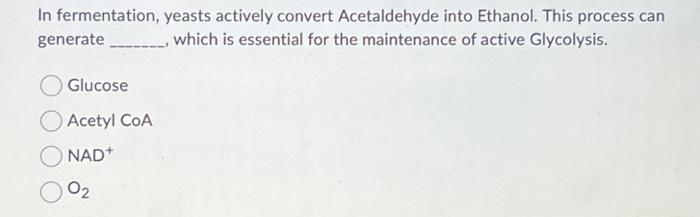 Solved In fermentation, yeasts actively convert Acetaldehyde | Chegg.com