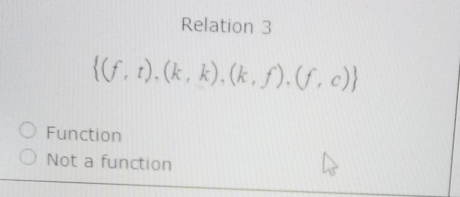 Solved Relation 3{(f,t),(k,k),(k,f),(f,c)} ﻿Function ﻿Not | Chegg.com
