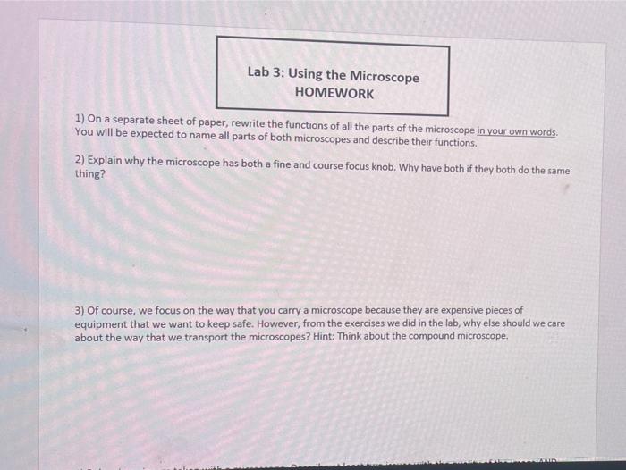 Solved Lab 3: Using the Microscope HOMEWORK 1) On a separate | Chegg.com