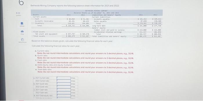 Bethesda Mning Compony reports the following bsiance | Chegg.com