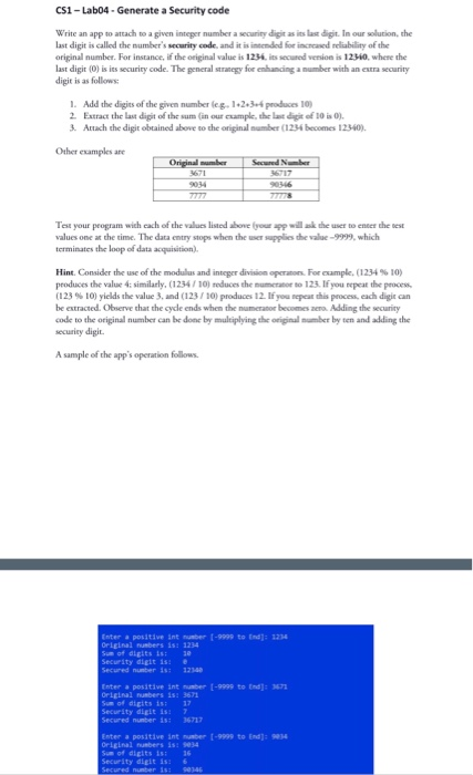 Solved CS1 - Labo - Generate a Security code Write an app to | Chegg.com