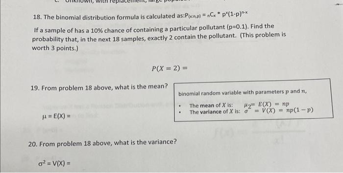Solved 18. The binomial distribution formula is calculated | Chegg.com