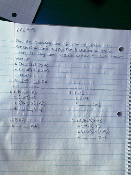 Solved Phl 1105 For The Following List Of Premises Derive