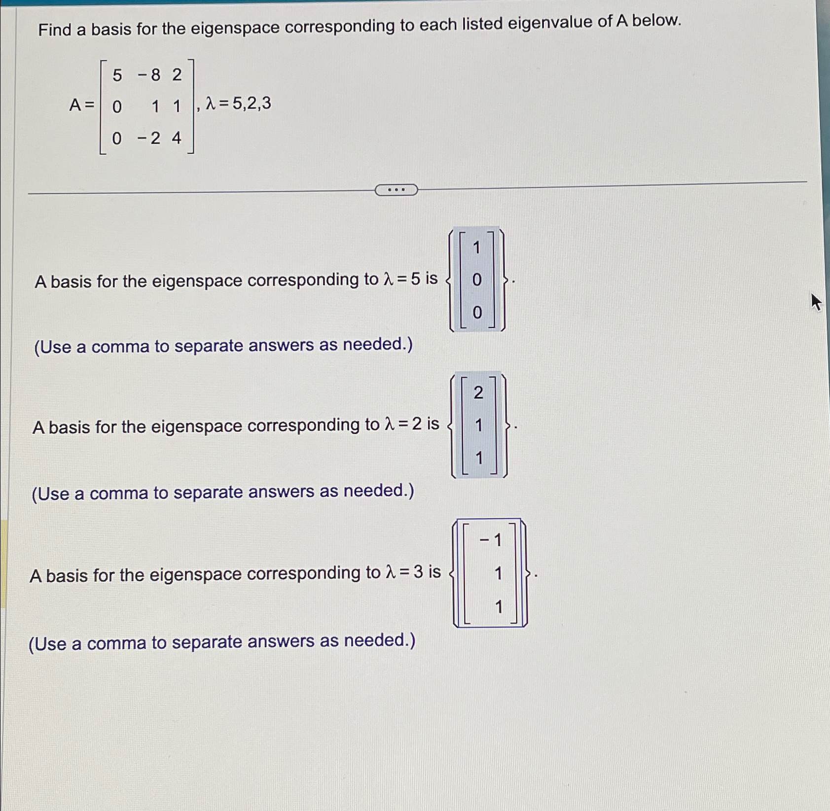 Solved Find a basis for the eigenspace corresponding to each | Chegg.com
