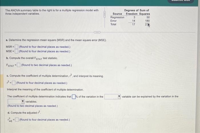 Solved The ANOVA summary table to the right is for a | Chegg.com