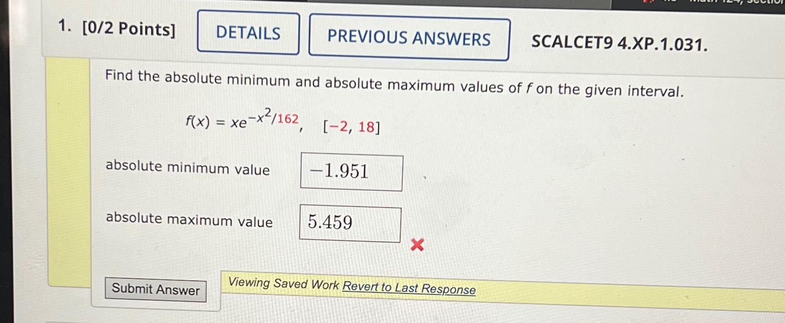 Solved Points]SCALCET9 4.XP.1.031.Find the absolute minimum | Chegg.com
