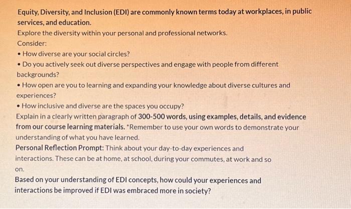 Solved Equity, Diversity, and Inclusion (EDI) are commonly | Chegg.com
