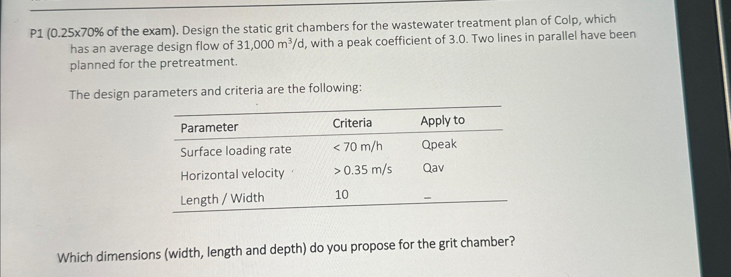 Solved P1 ﻿ of the exam). ﻿Design the static grit chambers | Chegg.com