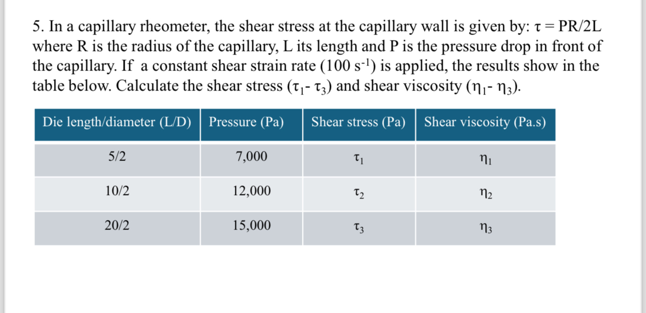 Solved In a capillary rheometer, the shear stress at the | Chegg.com