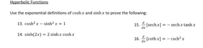 Solved Hyperbolic Functions Use the exponential definitions | Chegg.com