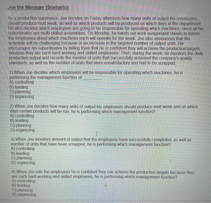 Solved Joe the Manager (Scenario) As a production | Chegg.com