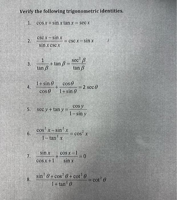 Solved Verify the following trigonometric identities. 1. | Chegg.com