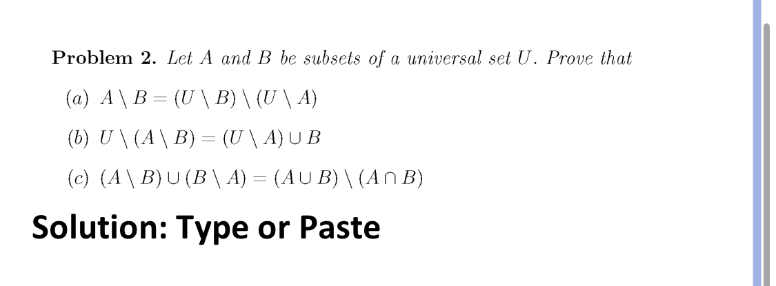 Solved Problem 2. ﻿Let A and B ﻿be subsets of a universal | Chegg.com