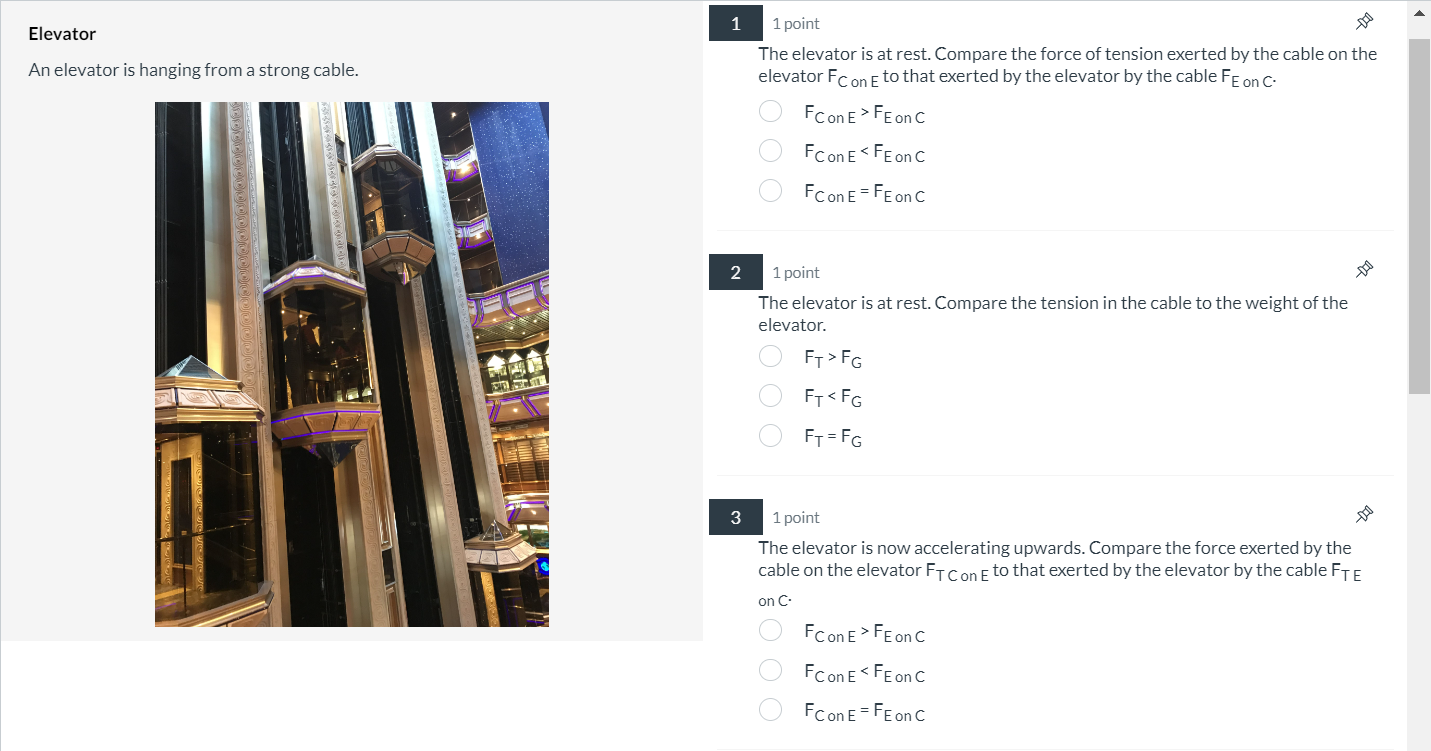 Solved 21 ﻿pointThe elevator is at rest. Compare the tension | Chegg.com