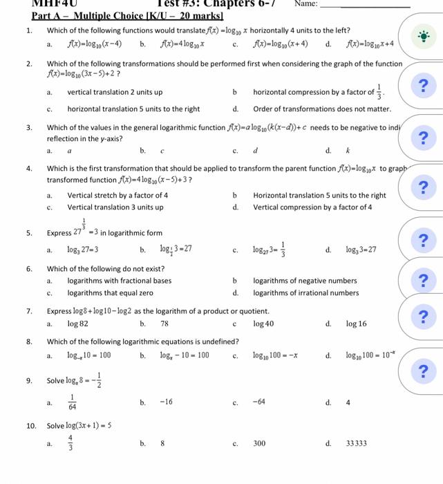Solved MHF 4U rest \#3: Cnapters b- Name: Part A - Multiple | Chegg.com