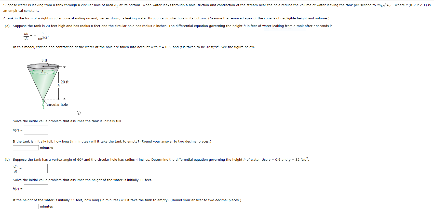 Solved an empirical constant.dhdt=-56h32.(i)Solve the | Chegg.com