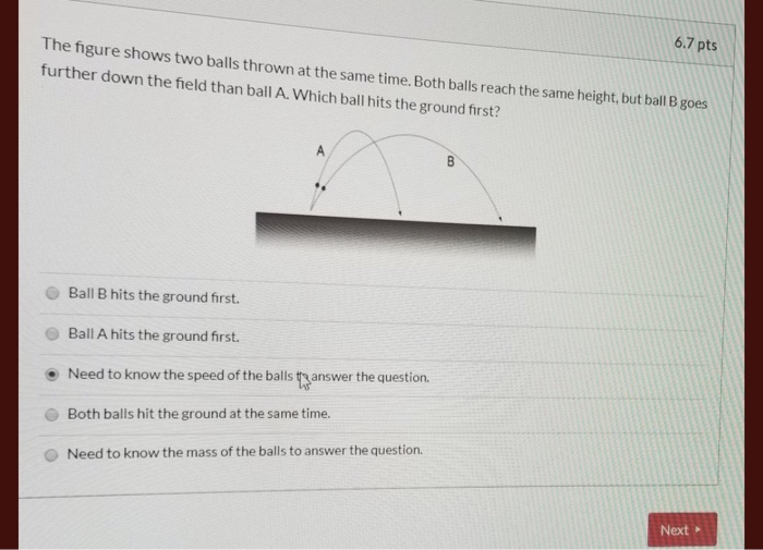 Solved 6.7 pts The figure shows two balls thrown at the same | Chegg.com