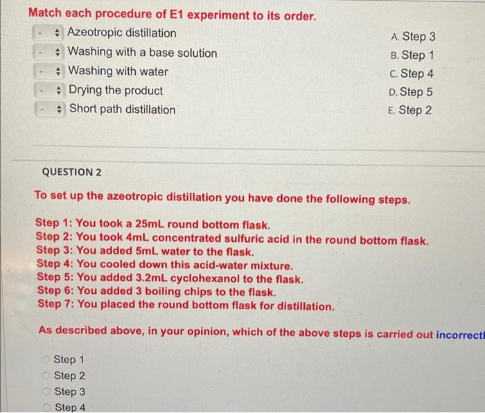 Match each procedure of E1 experiment to its order. | Chegg.com
