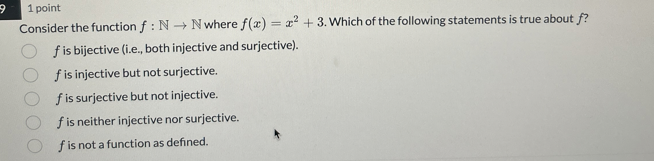 Solved 9 ﻿pointConsider the function f:N→N ﻿where f(x)=x2+3. | Chegg.com
