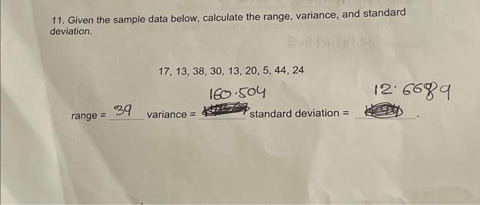 Solved 11. Given the sample data below, calculate the range, | Chegg.com