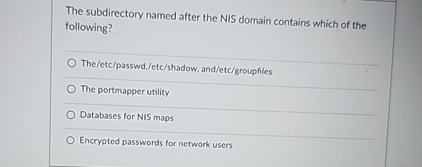 Solved The subdirectory named after the NIS domain contains | Chegg.com