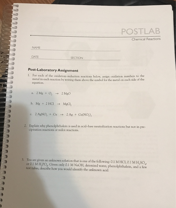 Solved POSTLAB Chemical Reactions NAME DATE SECTION | Chegg.com