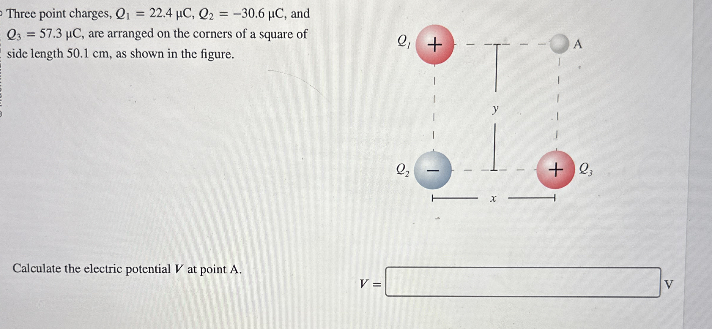 Three point charges, Q1=22.4μC,Q2=-30.6μC, ﻿and | Chegg.com