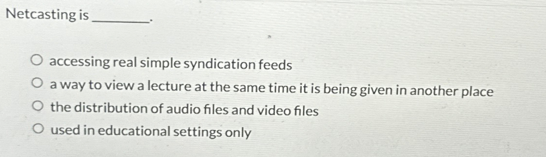 Solved Netcasting isaccessing real simple syndication feedsa | Chegg.com