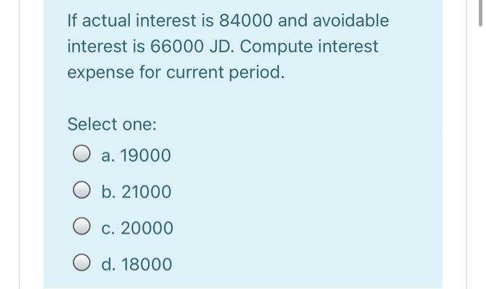 Solved If actual interest is 84000 and avoidable interest is | Chegg.com