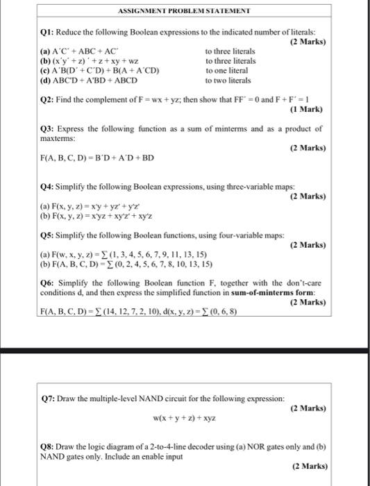 Solved Q1: Reduce the following Boolean expressions to the | Chegg.com