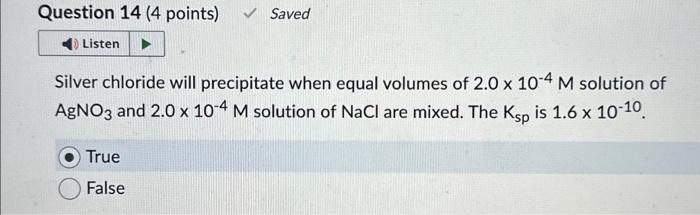 Solved Silver chloride will precipitate when equal volumes | Chegg.com